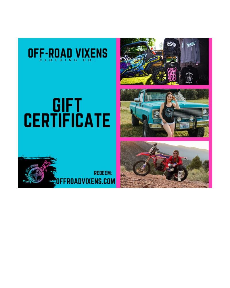 Off-Road Vixens Gift Certificate – OFF-ROAD VIXENS CLOTHING CO.